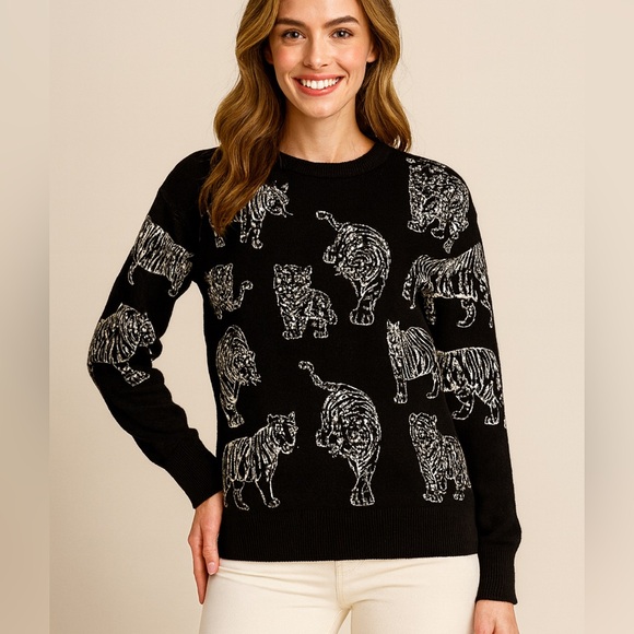 Boutique | Sweaters | 62 Black Tiger Print Sweater | Poshmark